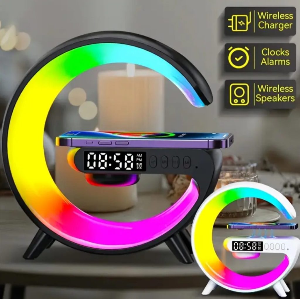 4 in 1 G Wireless Charger Bedside Lamp Speaker with RGB Lights, Clock ...